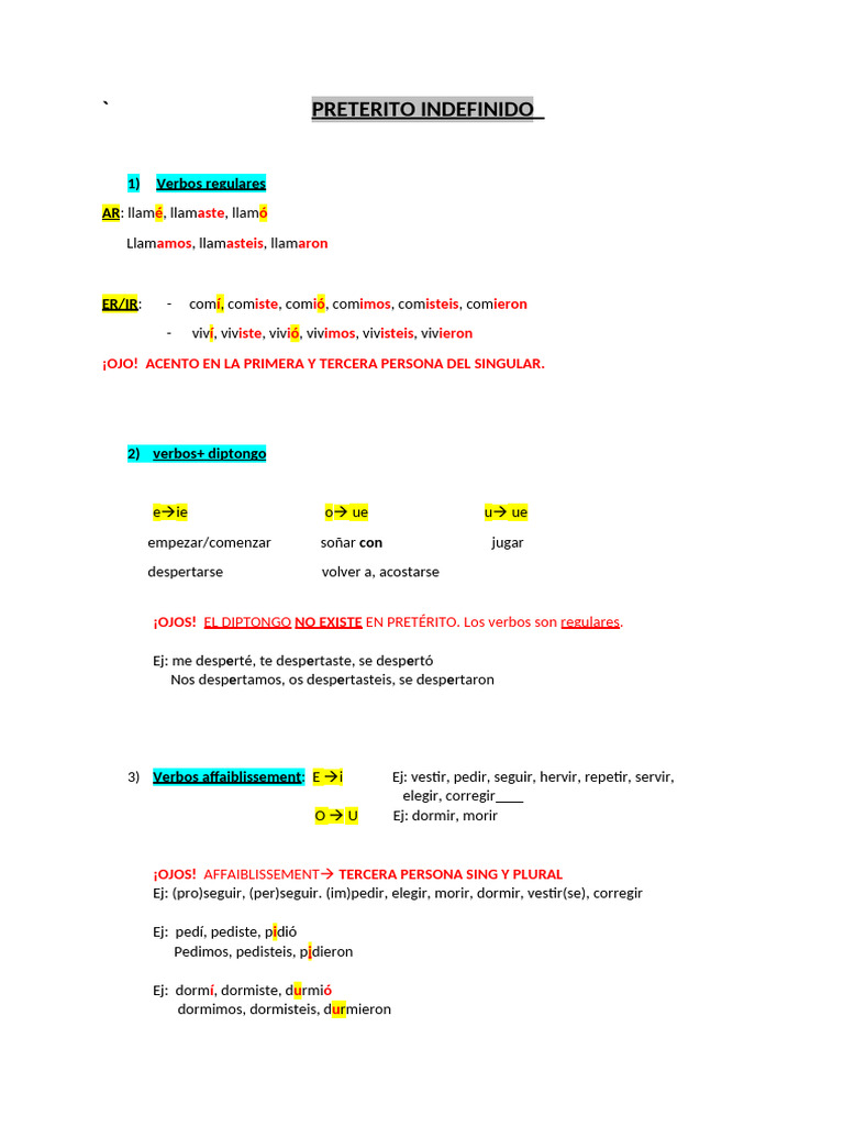 Conjugación del Pretérito Indefinido | PDF | Lingüística | Gramática