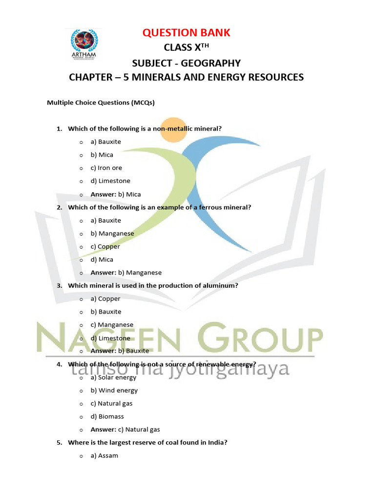Class 10 Question Bank Geography Chapter - 5 Minerals and Energy | PDF ...