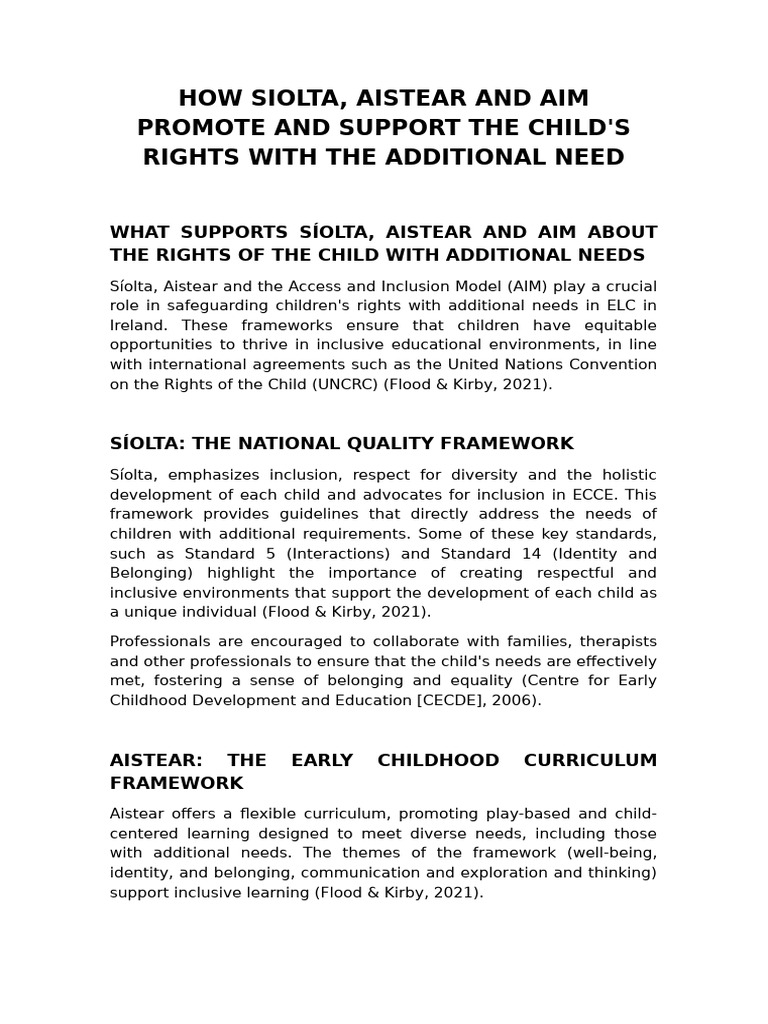 How Siolta, Aistear and Aim Promote and Support The Child'S Rights With ...