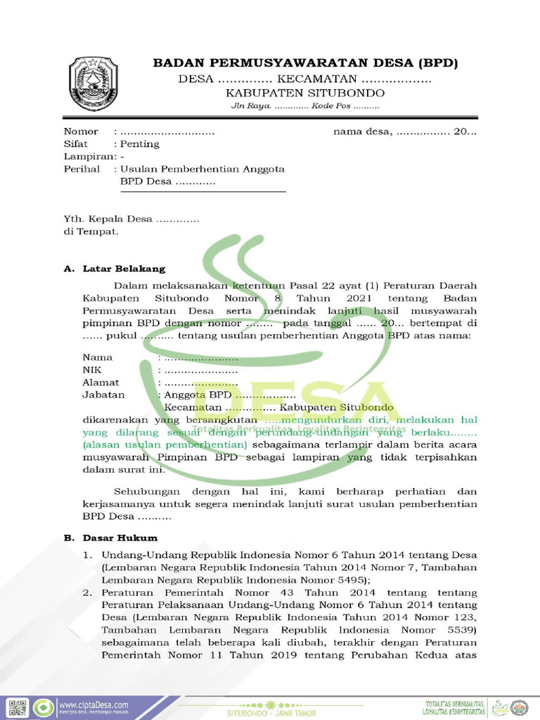 Surat USULAN Pemberhentian (contoh) | PDF