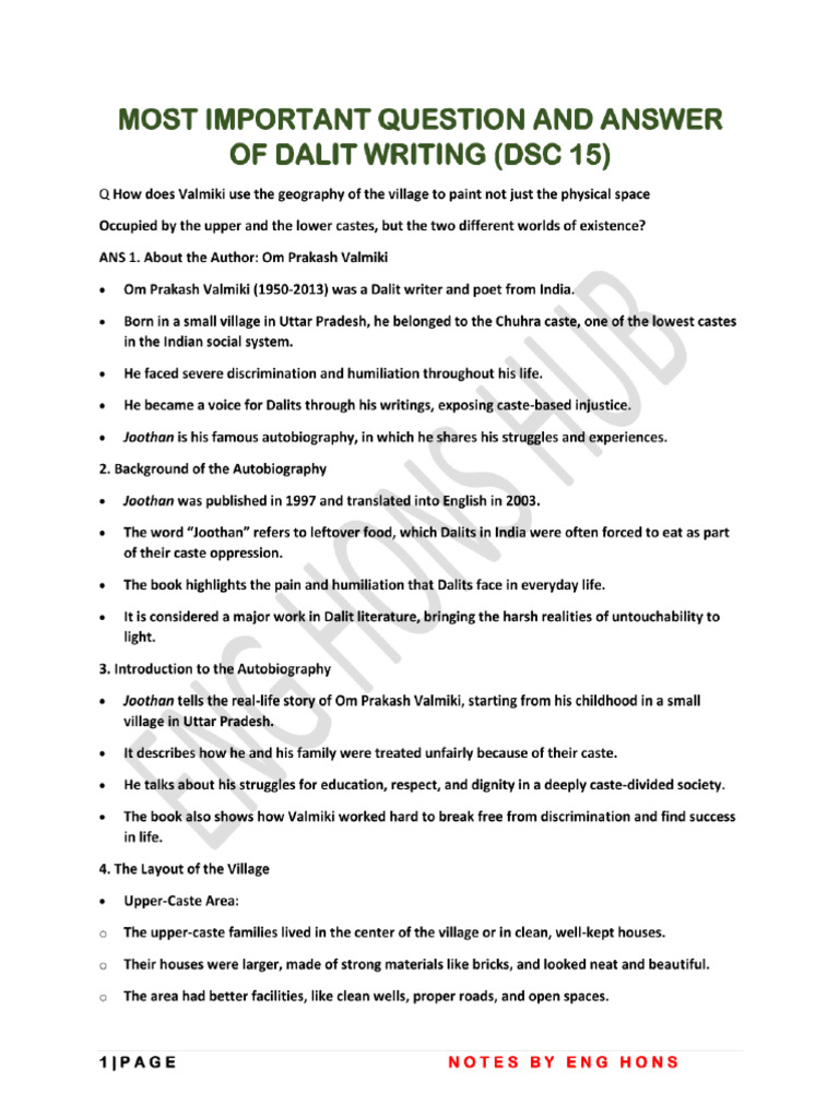 Most Important Question and Answer of Dalit Writing-1 | PDF