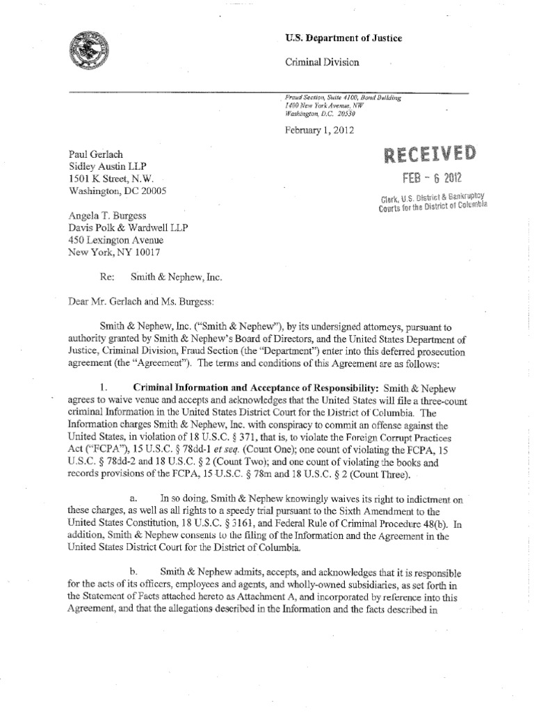 Smith & Nephew Deferred Prosecution Agreement | PDF