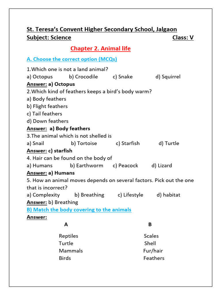 Animal Life MCQs for Class V Science | PDF