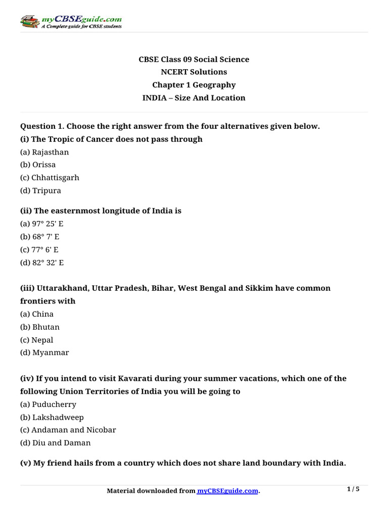 CBSE Class 9 Geography: India’s Size & Location | PDF | Indian Ocean ...