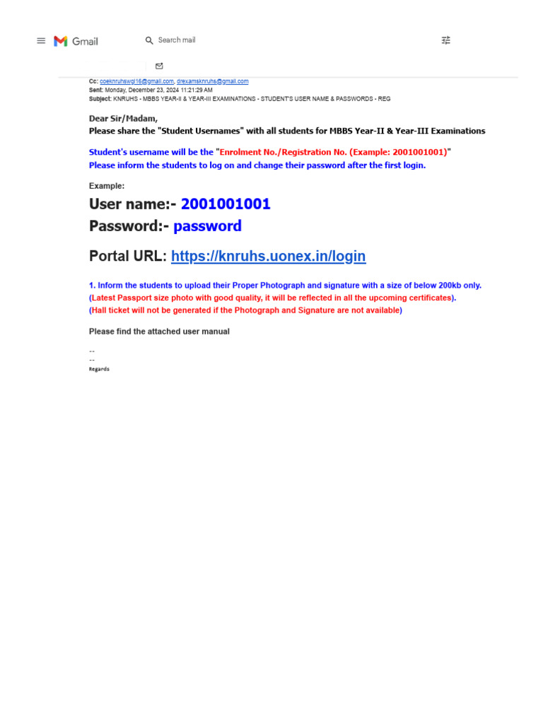 FWD - KNRUHS - MBBS YEAR-II & YEAR-III EXAMINATIONS - STUDENT'S USER NAME & PASSWORDS - REG ...