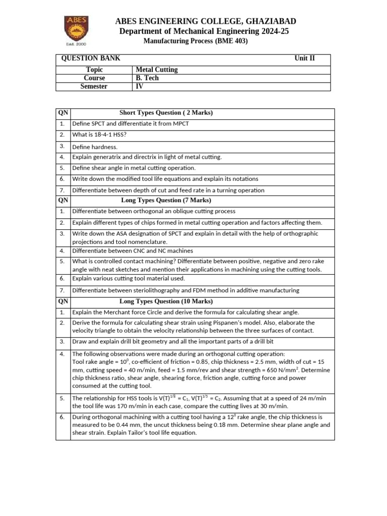 Question Bank Manufacturing Process Unit 2 | PDF | Machining | Force