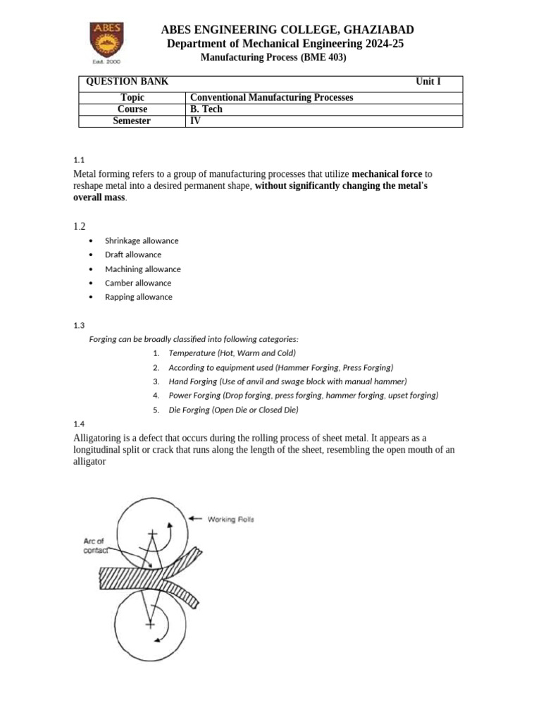 QUESTION BANK MANUFACTURING PROCESS UNIT 1-Solutions | PDF | Sintering ...