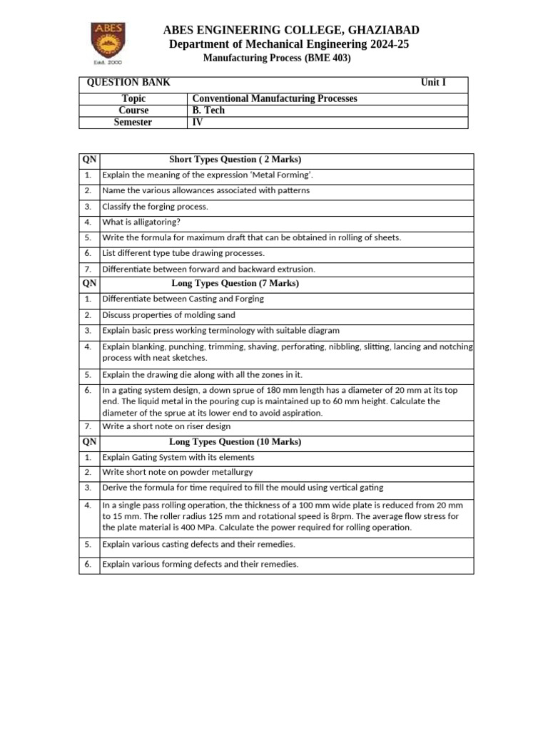 Question Bank Manufacturing Process Unit 1 | PDF