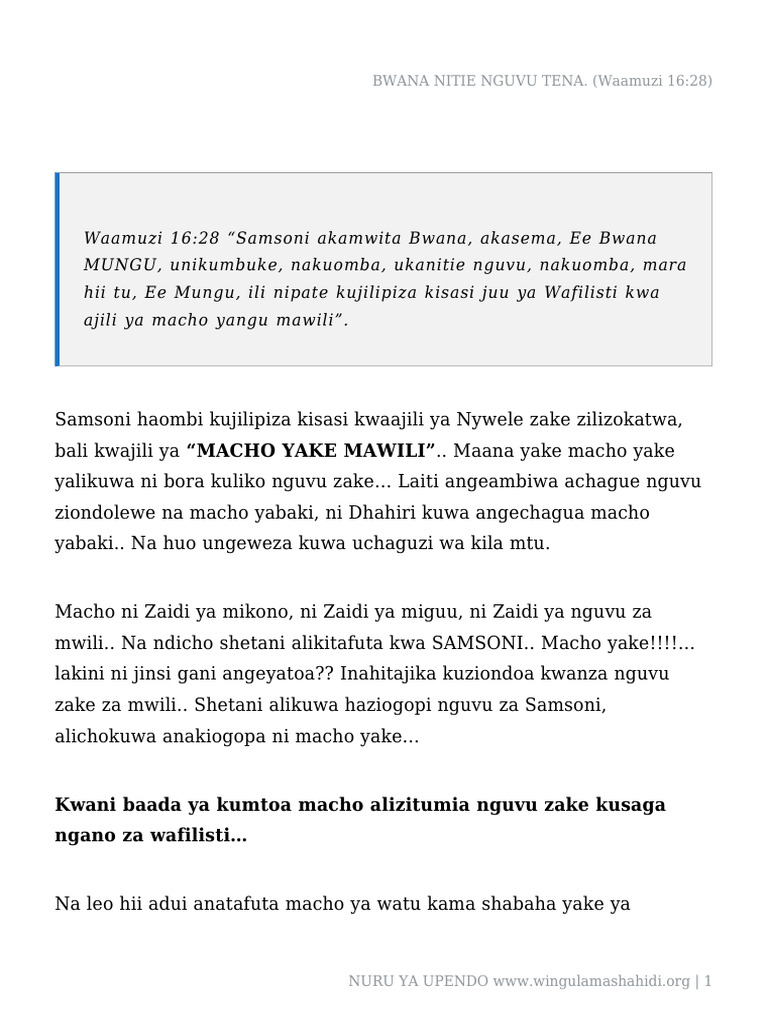 BWANA NITIE NGUVU TENA. (Waamuzi 16 - 28) | PDF