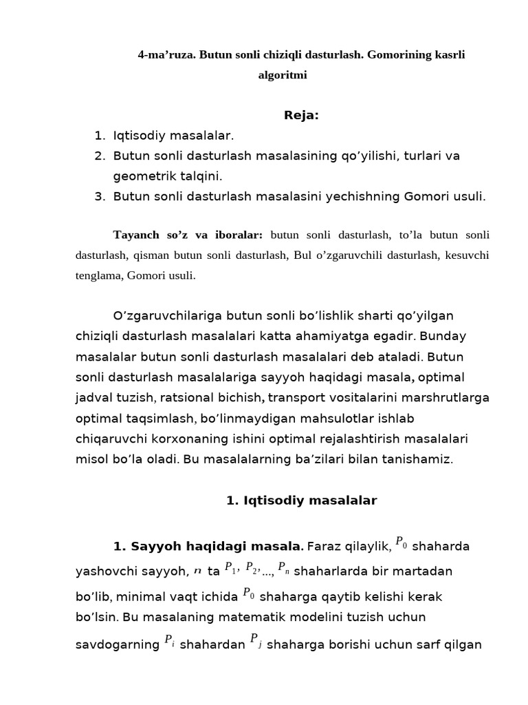 3-Ma'Ruza - Butun Sonli Chiziqli Dasturlash | PDF