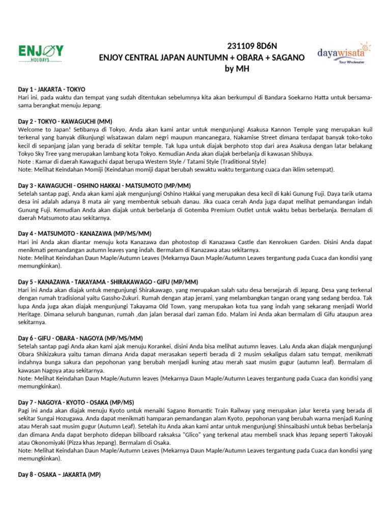 Itin 231109 8d6n Enjoy Central Japan Auntumn + Obara + Sagano by Mh | PDF