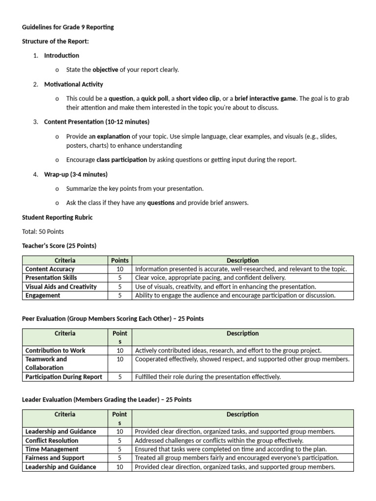 Guidelines and Rubrics For Grade 9 Reporting | PDF | Creativity ...