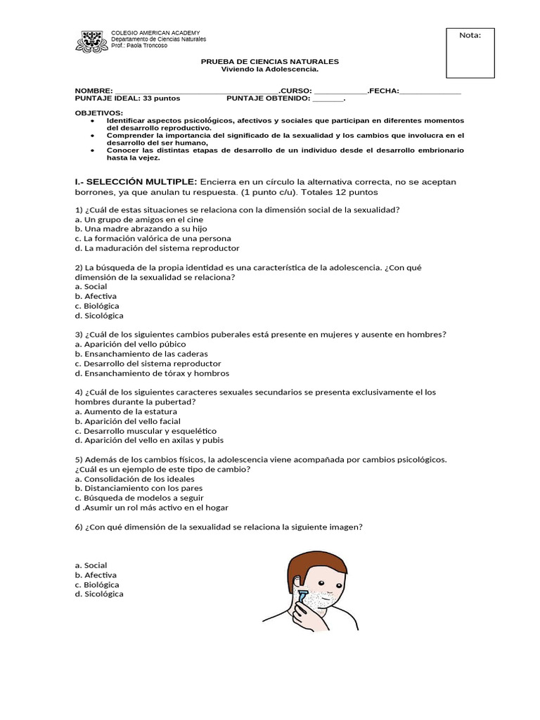PRUEBA 1 - DE CS. NAT. (Viviendo La Adolesc.) | PDF | Adolescencia | Adultos