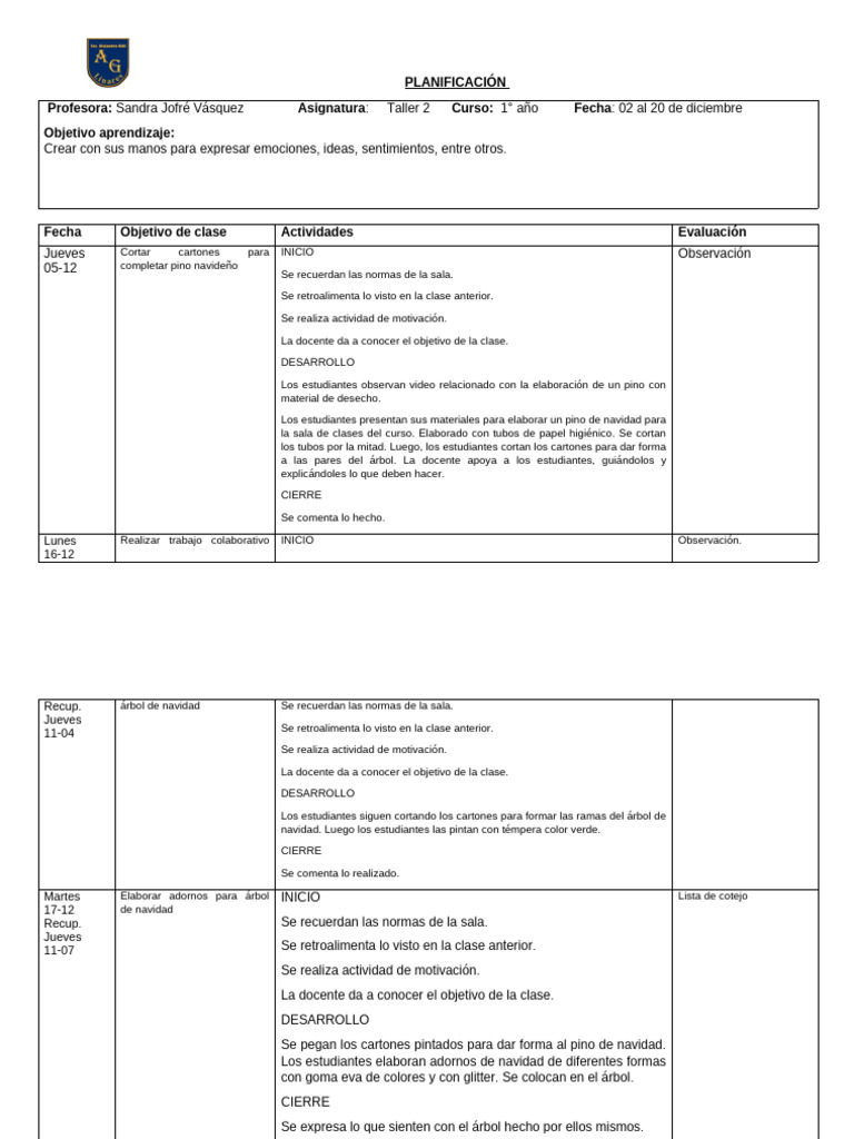 PLANIF Taller 2 Diciembre | PDF | Navidad