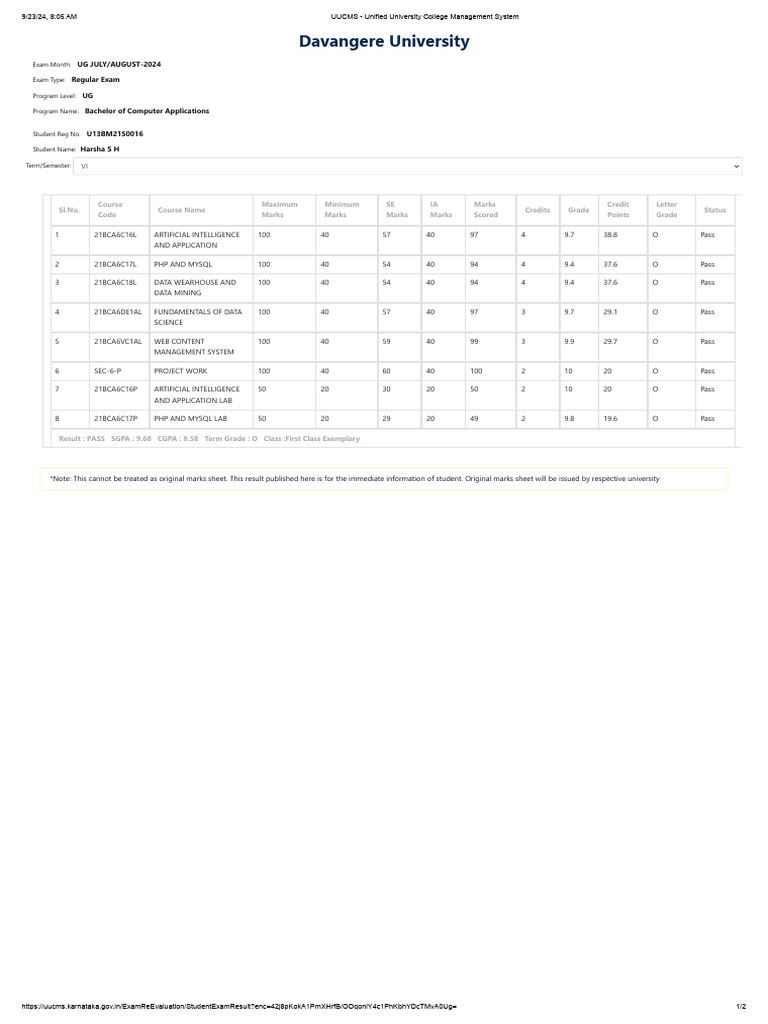 6th Semester Marksheet | PDF | Computing