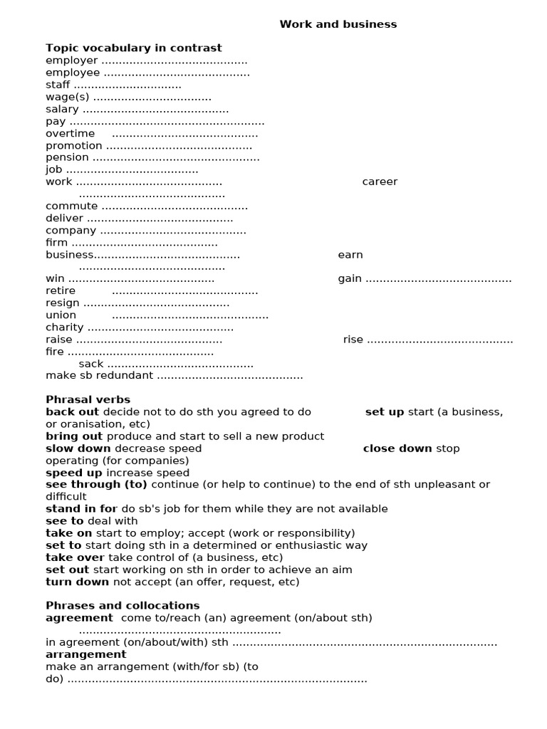 Work and Business Topic Vocabulary in Contrast | PDF | Employment | Salary