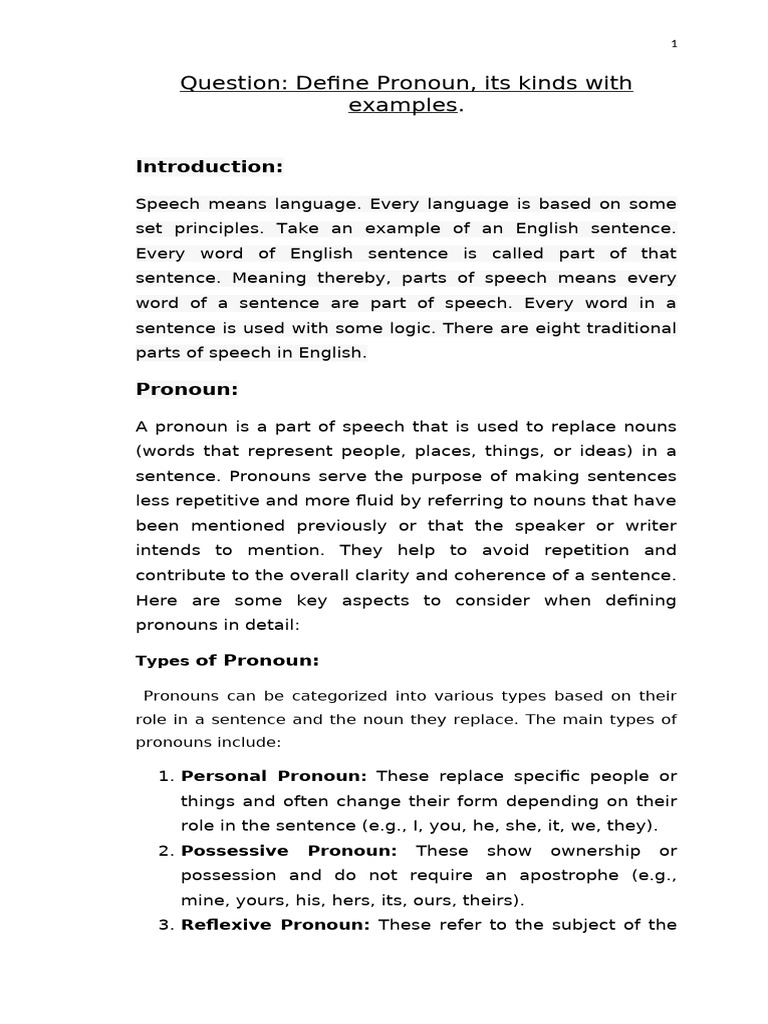 Define Pronoun and Its Kinds With Examples | PDF | Pronoun ...