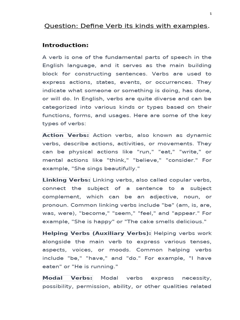 Define Verb and Its Kinds With Examples | PDF | Verb | Grammatical Tense