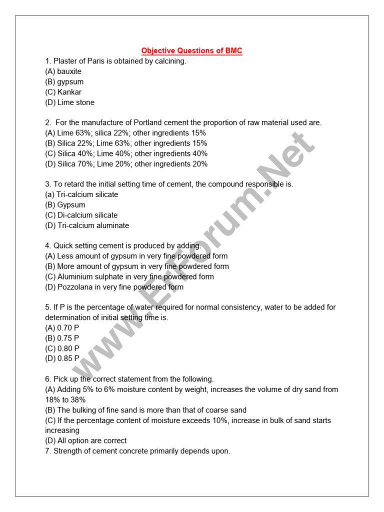 BMC Objective Questions-Answers (ErForum) | PDF | Concrete | Rock (Geology)