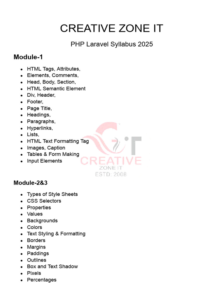 PHP Laravel Syllabus 2025 | PDF | Html Element | Php