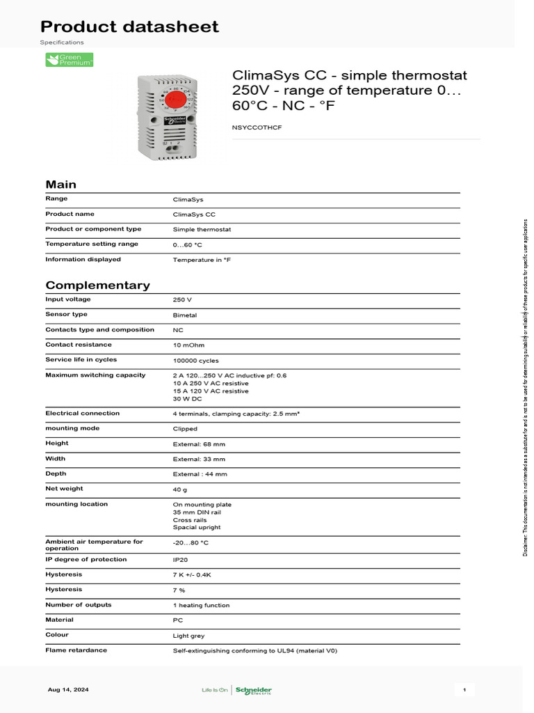 ClimaSys CC Simple Thermostat Specs | PDF | Thermostat | Electrical ...