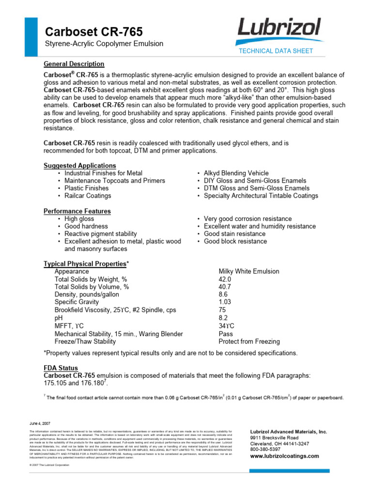 CARBOSET® CR-765 | PDF | Paint | Industrial Processes