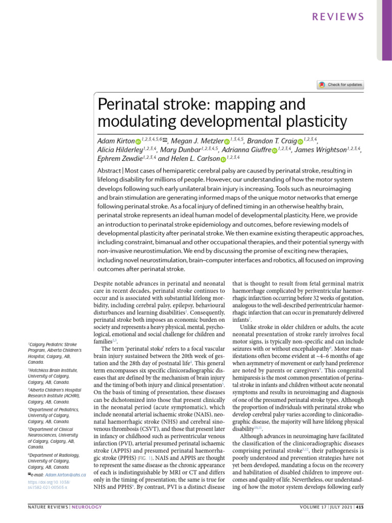 大脑可塑性-围产期脑卒中Perinatal Stroke：Mapping and Modulating Developmental Plasticity | PDF | Stroke ...