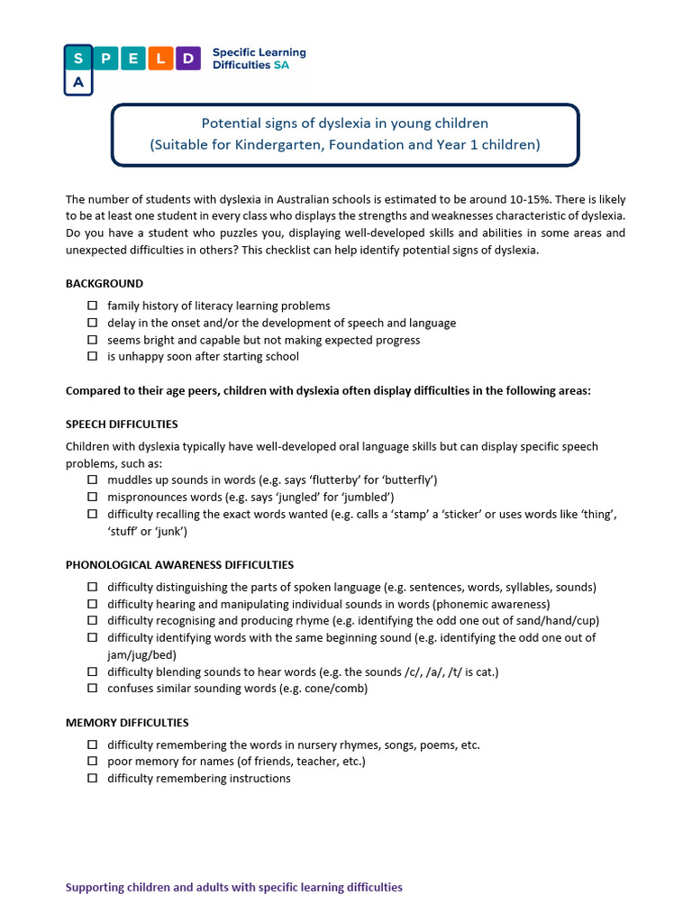 Week 2 SPELD - SA - Dyslexia - Checklist - Kindergarten - Student - 3 ...