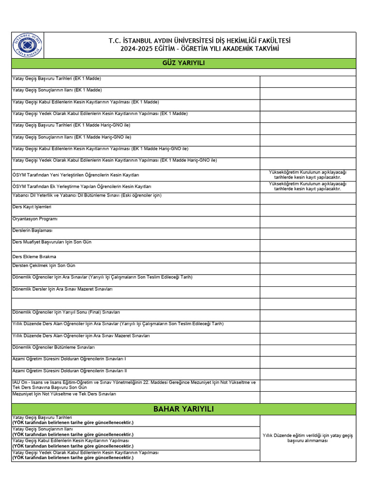 Iau 2024 2025 Akademik Yili DHF Akademik Takvim | PDF