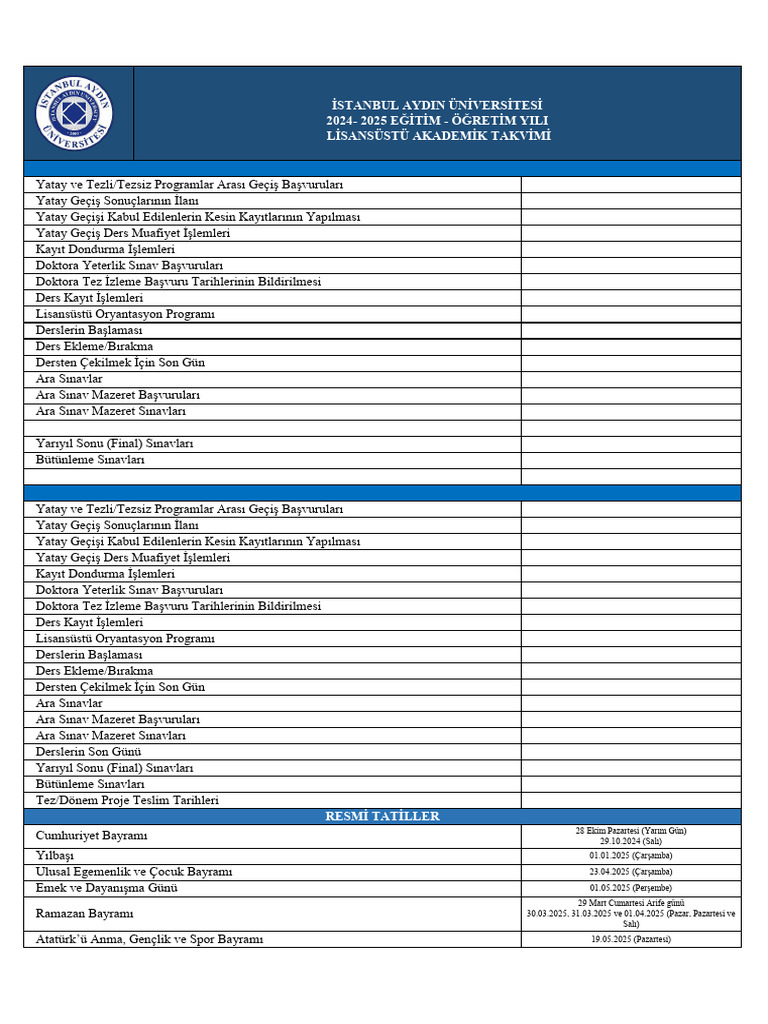 Iau 2024 2025 Akademik Lee Akademik Takvim | PDF