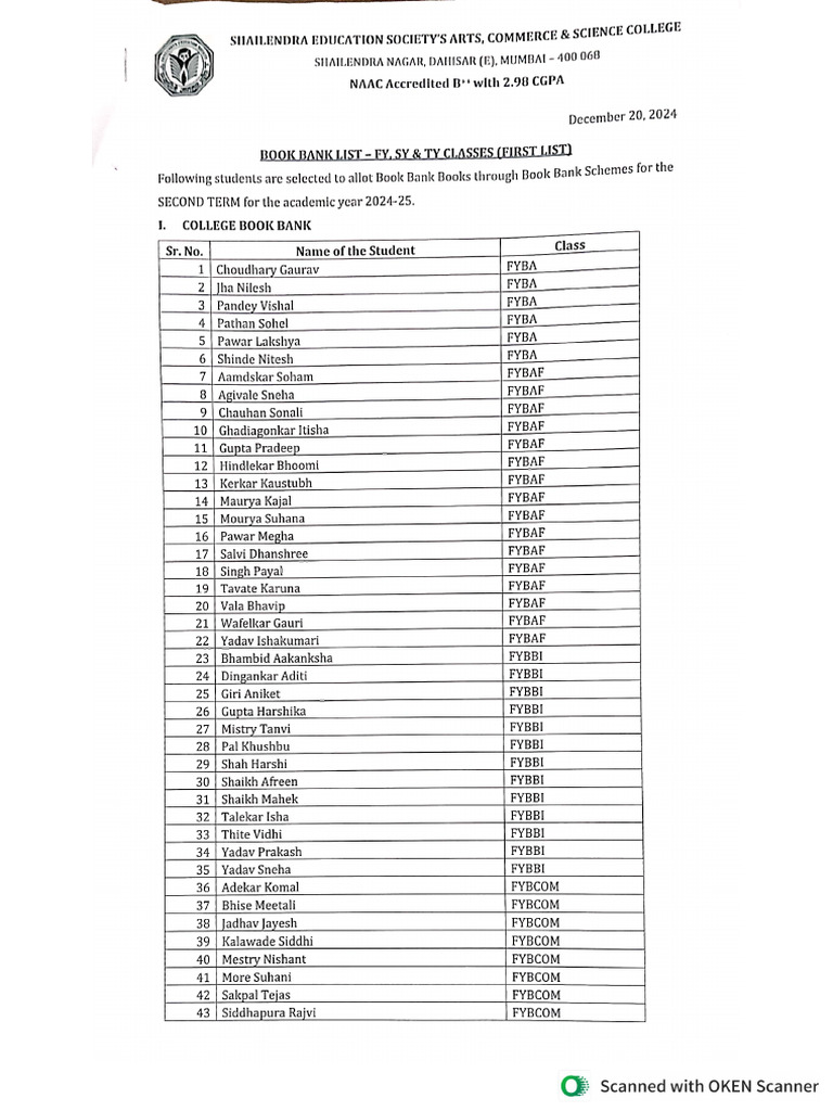 Book Bank First List 20122024 | PDF