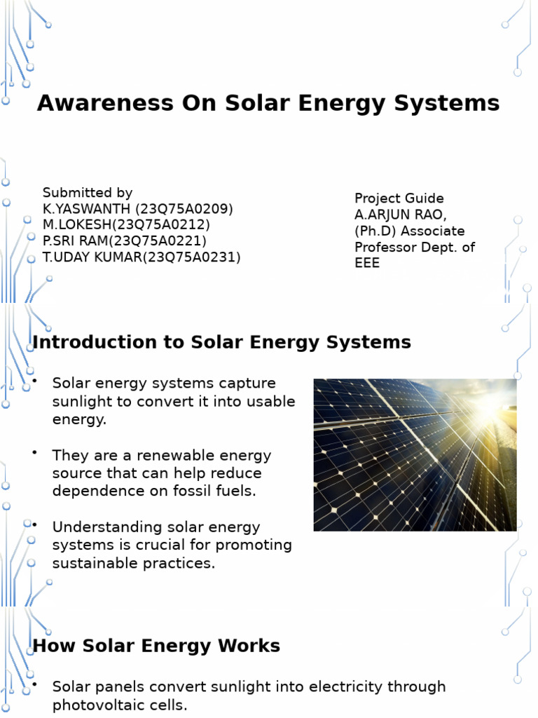 Awareness On Solar Energy Systems | PDF | Solar Power | Solar Energy
