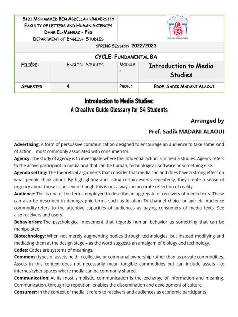 Glossary of Media Studies | PDF | Communication | Representation (Arts)