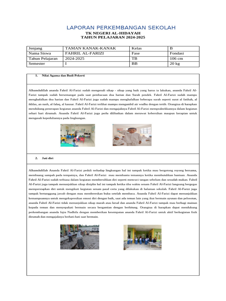 Laporan Perkembangan Fahril TK Al-Hidayah | PDF