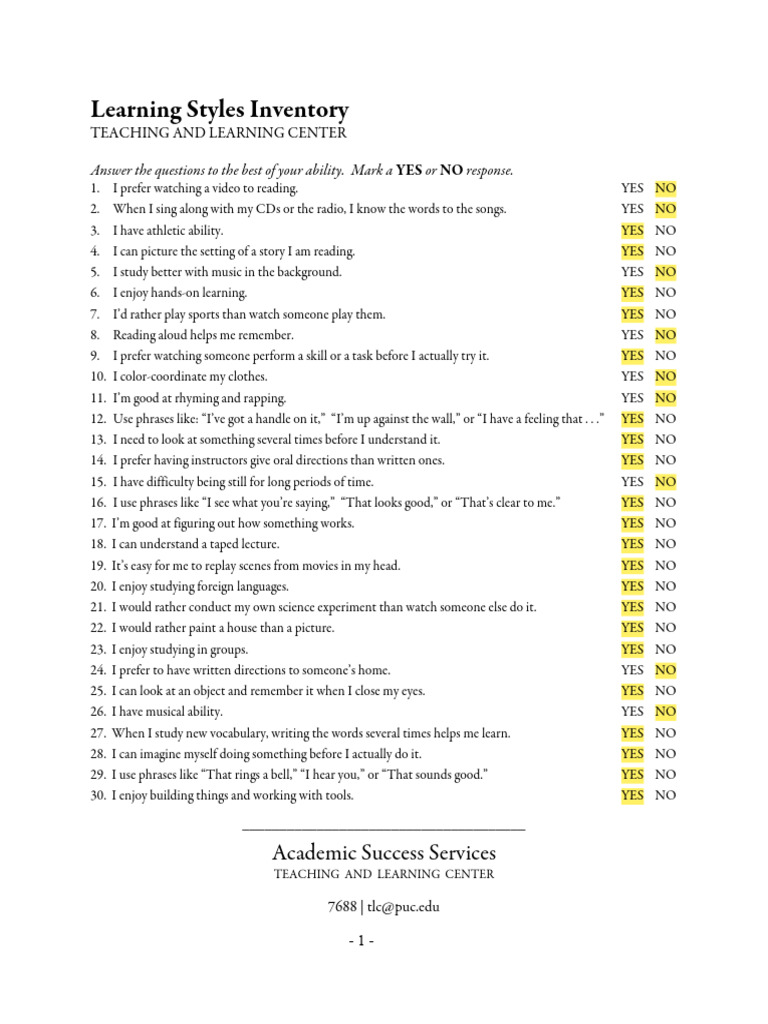 Appendix 1 Learning Styles Inventory Topic 1 | PDF | Learning Styles ...