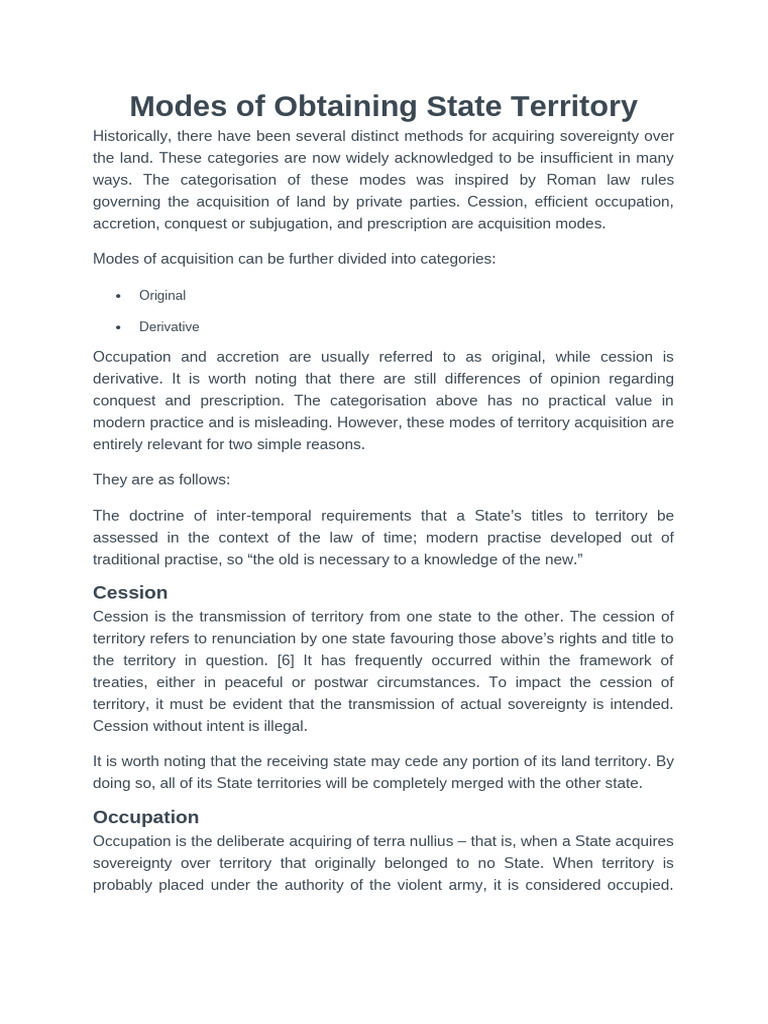 Modes of Obtaining State Territory | PDF