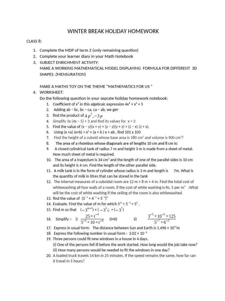 Winter Break Holiday Homework 8th | PDF | Area | Mathematics