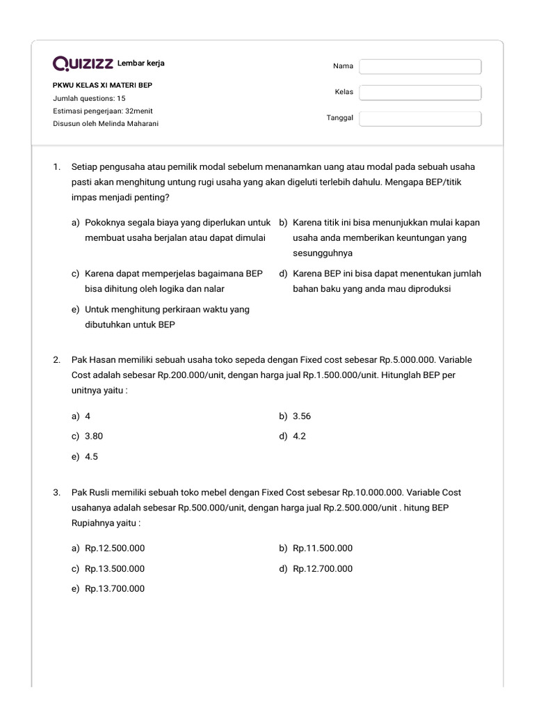 Pkwu Kelas Xi Materi Bep - Quizizz | PDF