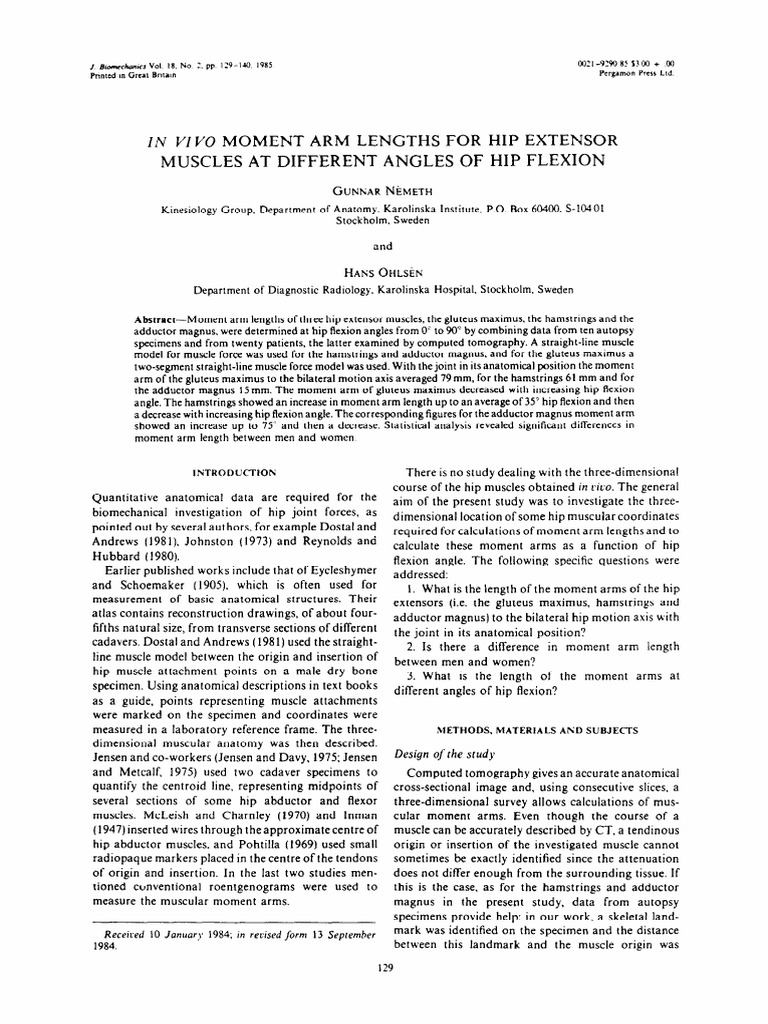 1985 - Nemeth e Ohlsen - in Vivo Moment Arm Lengths For Hip Extensor Muscles at Different Angles ...
