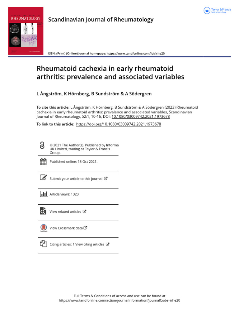 Rheumatoid Cachexia in Early Rheumatoid Arthritis Prevalence and ...