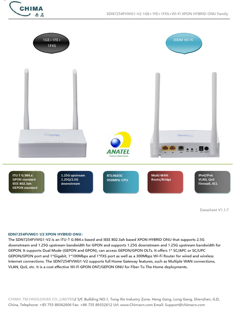 Fibra optica SDN7254FVWG1-V2 1GE+1FE+1FXS+Wi-Fi XPON HYBRID ONU Family_Datasheet | PDF ...