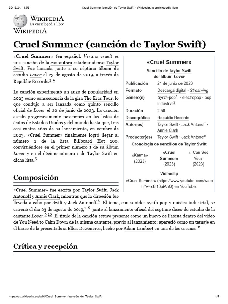 Cruel Summer (Canción de Taylor Swift) - Wikipedia, La Enciclopedia Libre | PDF | Grabaciones de ...