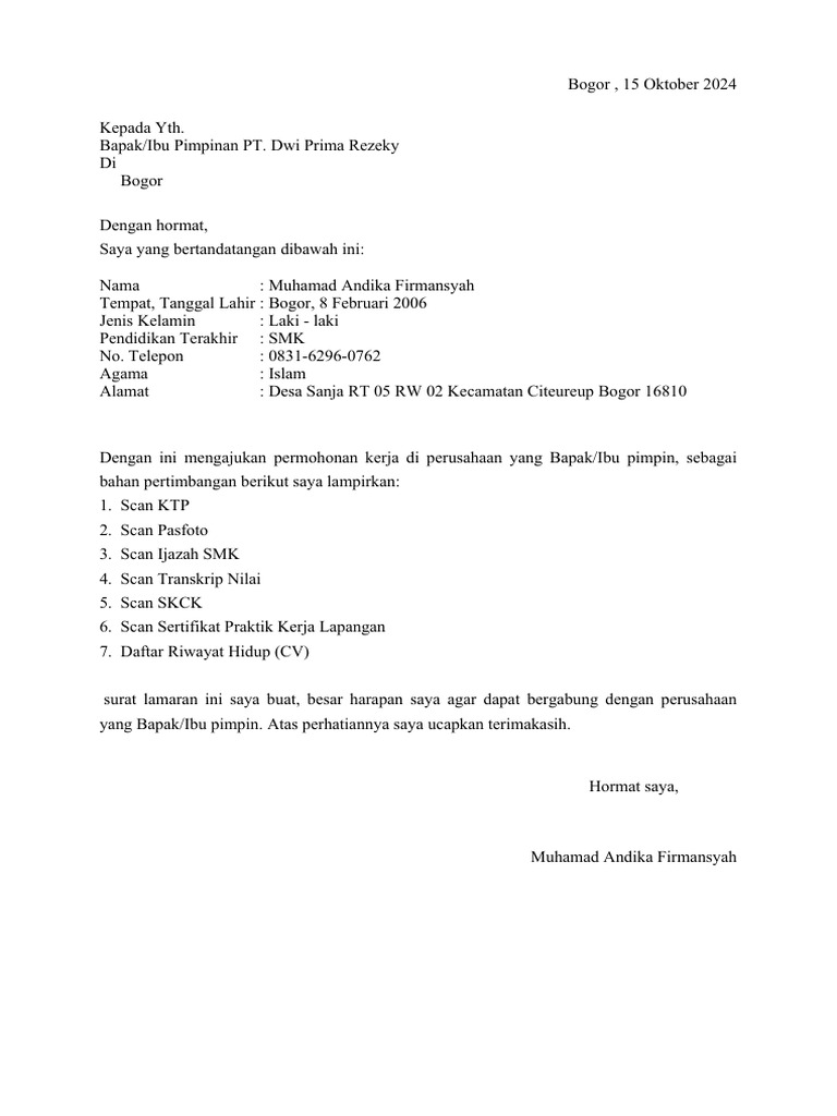 Lamaran Kerja Andika PT. Dwi Prima Rezeky | PDF