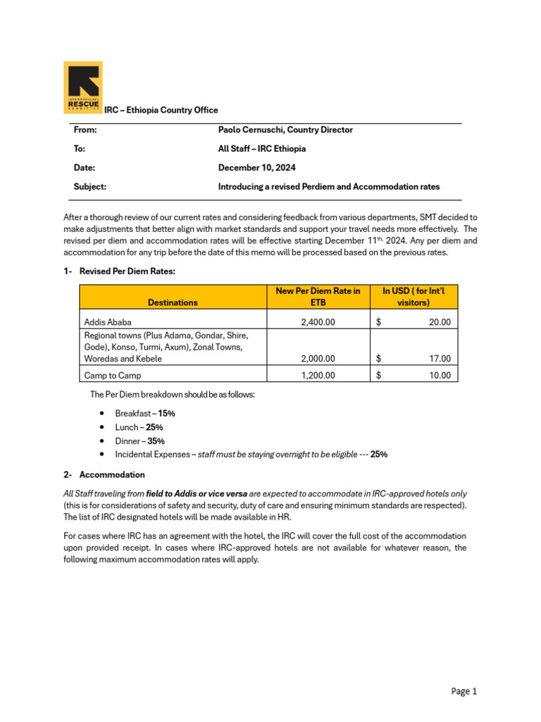 Memo - Revission of Perdiem Accomodation 10 Dec 24 | PDF | Per Diem ...
