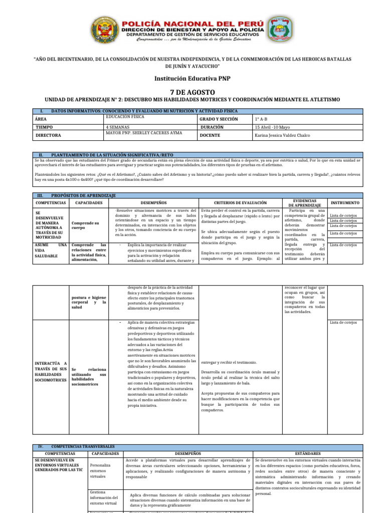 U2_Educación Física_1°AB_IB_Karina | PDF | Aprendizaje | Enseñando