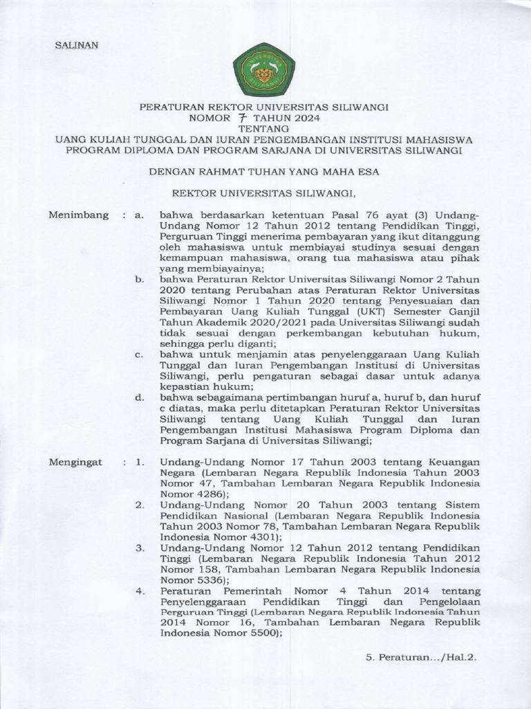 (SALINAN) 7. Peraturan Rektor Tentang UKT Dan IPI Mahasiswa Program D3 Dan Program S1 Di UNSIL ...