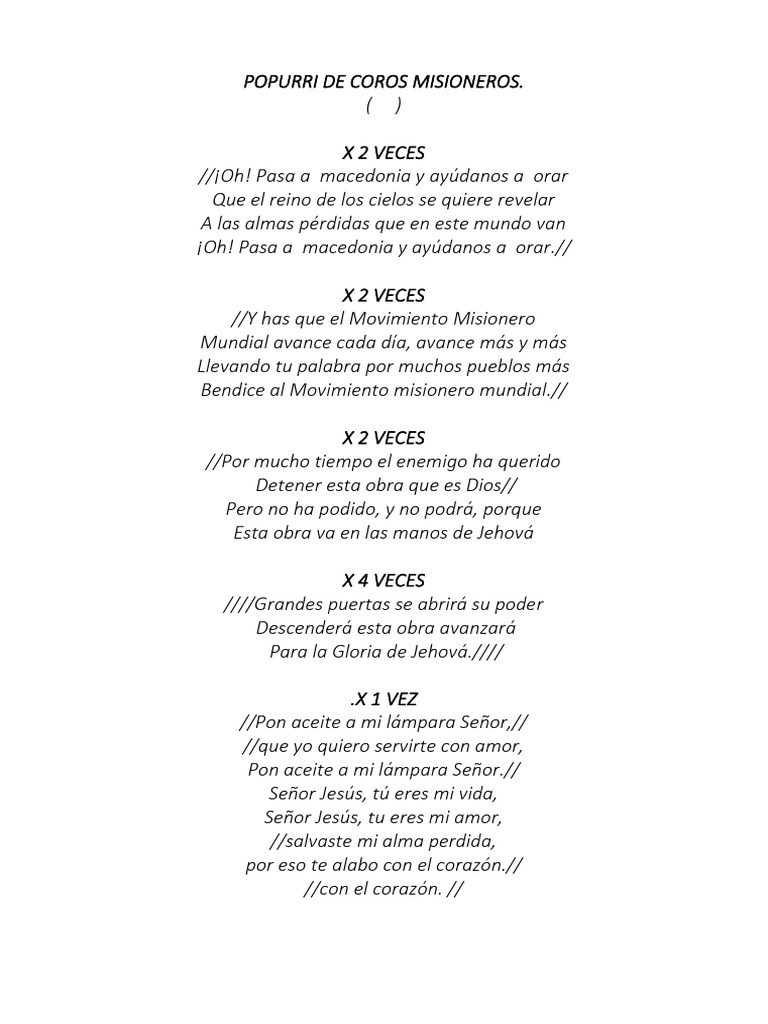Popurri de Coros Misioneros Oh Pasa Macedonia | PDF