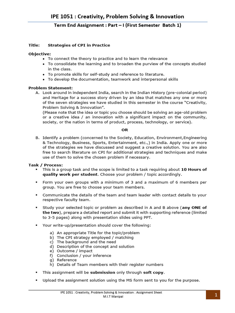 CPI Term End Assignment - TEA-1 Strategies of CPI in Practice December ...