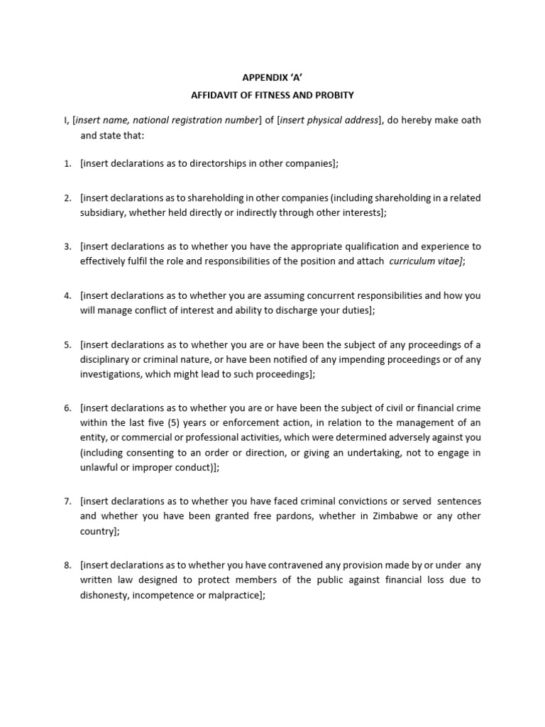 Appendix A - Affidavit of Fitness and Probity | PDF | Bankruptcy ...