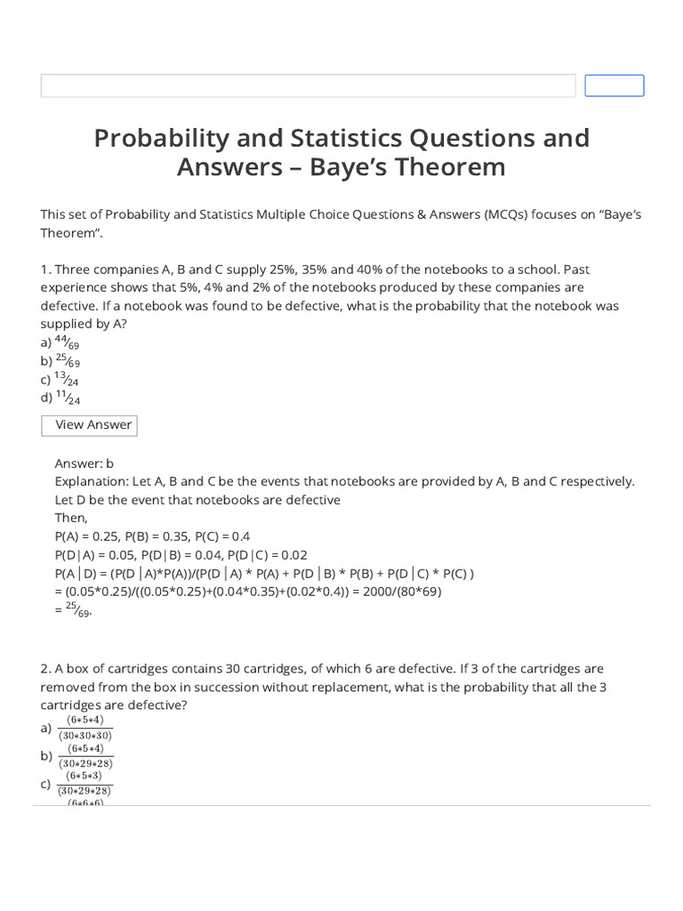 Baye's Theorem Questions and Answers - Sanfoundry | PDF | Multiple Choice | Statistical Theory